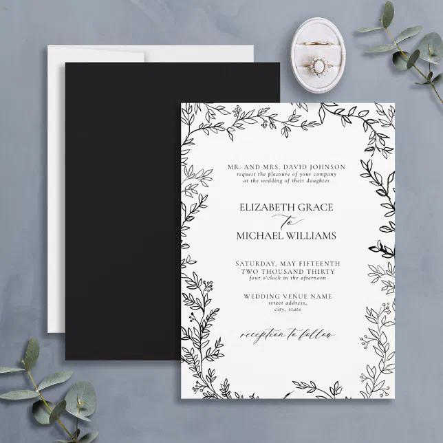 Classic Elegant Formal Black White Leafy Wedding Invitation | Zazzle