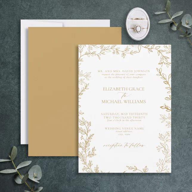 Classic Elegant Formal Gold Leafy Wedding Invitation | Zazzle
