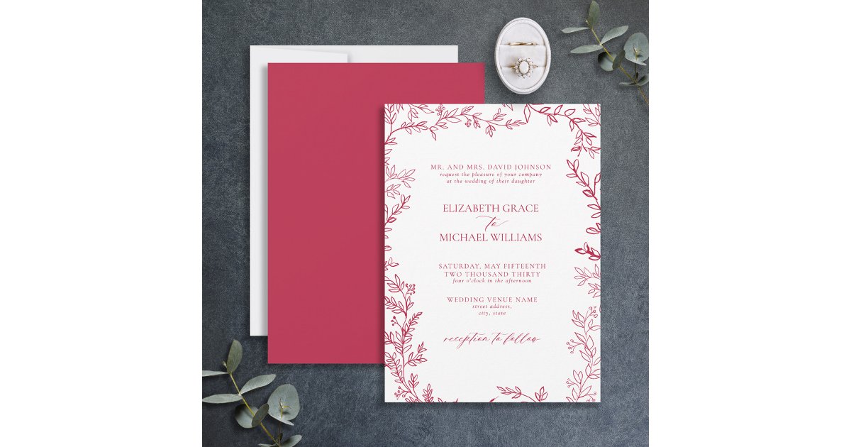 Classic Elegant Formal Vivid Magenta Leafy Wedding Invitation | Zazzle