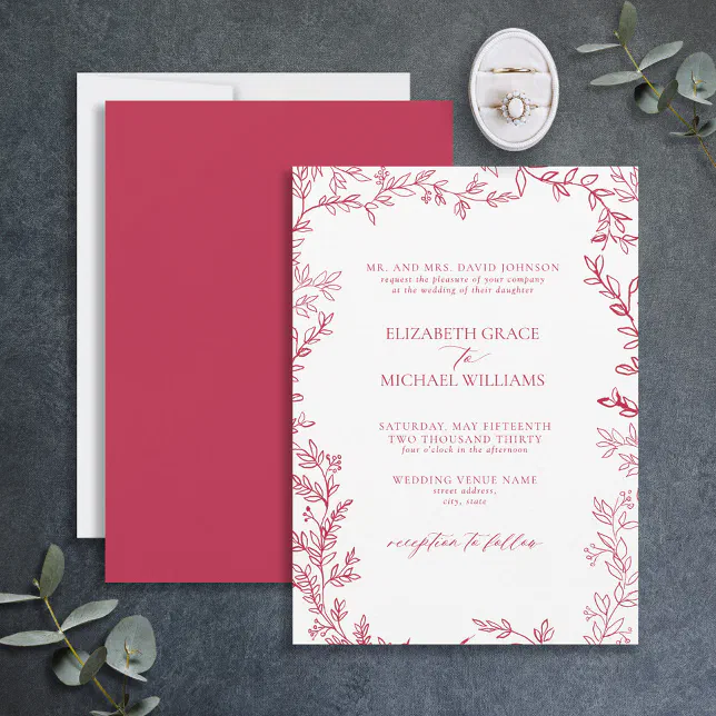 Classic Elegant Formal Vivid Magenta Leafy Wedding Invitation | Zazzle