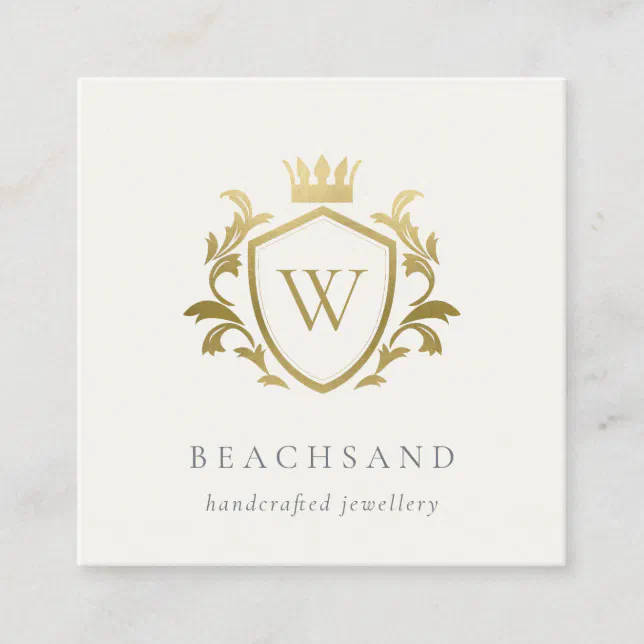 Classic Elegant Gold Monogram Floral Crown Crest Square Business Card ...