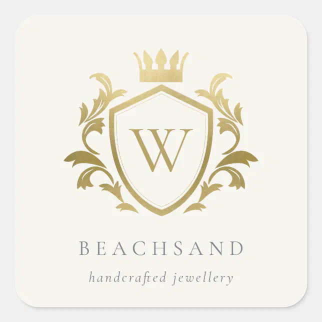 Classic Elegant Gold Monogram Floral Crown Crest Square Sticker | Zazzle