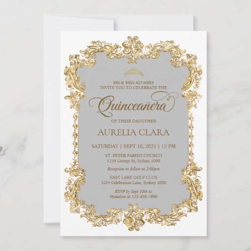 Classic Elegant Ivory White Gold Tiara Quinceanera Invitation | Zazzle