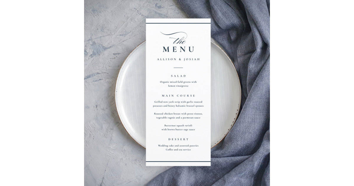Classic Elegant Navy Blue and White Wedding Menu | Zazzle