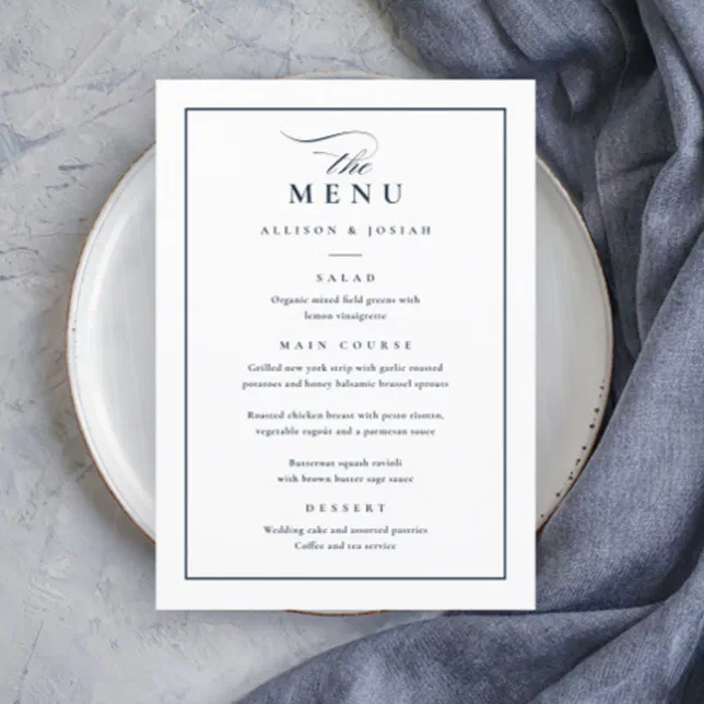 Classic Elegant Navy Blue and White Wedding Menu | Zazzle