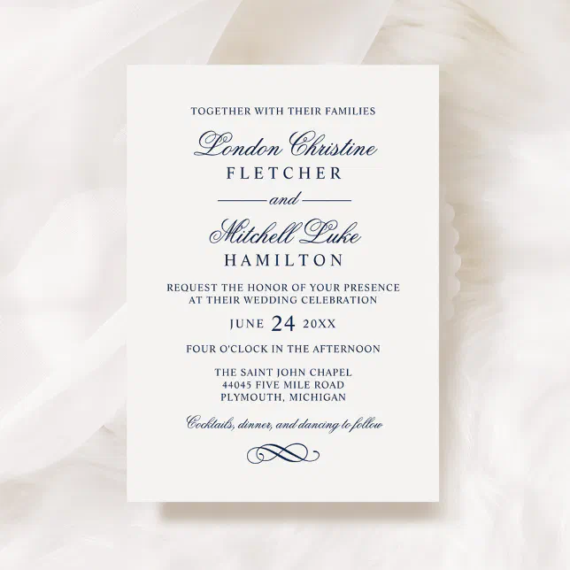 Classic Elegant Navy Blue Wedding Invitation | Zazzle