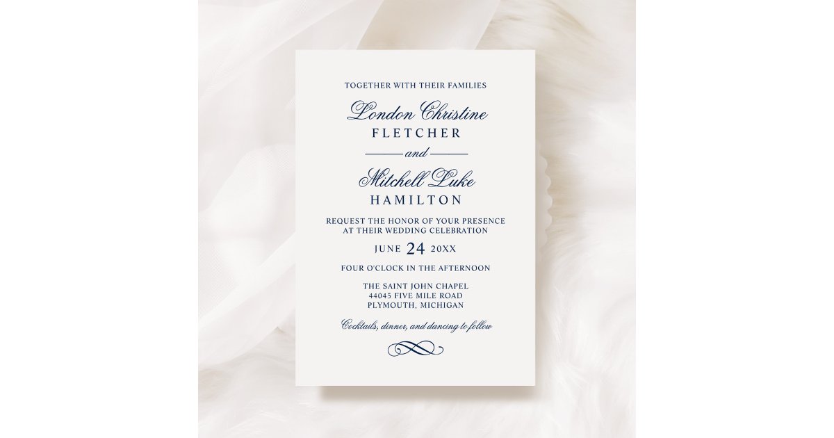 Classic Elegant Navy Blue Wedding Invitation | Zazzle