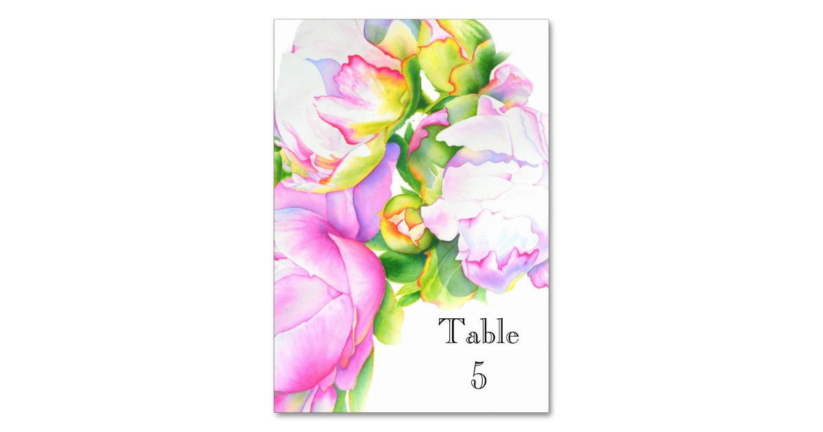 Classic elegant pink white peony floral watercolor table number | Zazzle