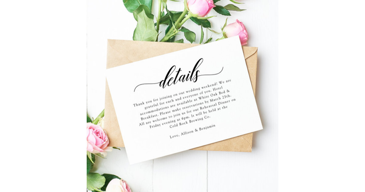 Classic Elegant Script Wedding Details Card | Zazzle