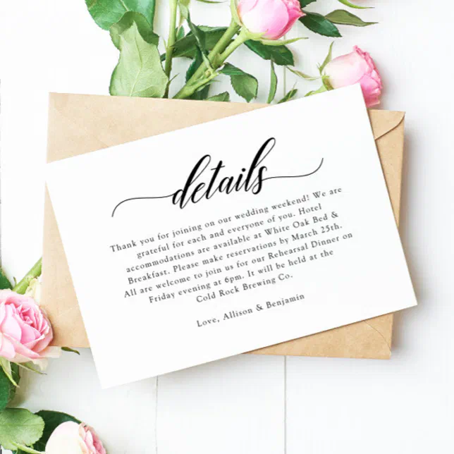 Classic Elegant Script Wedding Details Card | Zazzle