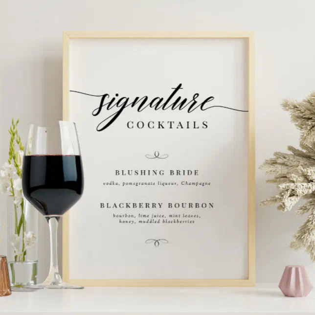 Classic Elegant Script Wedding Signature Cocktails Poster | Zazzle