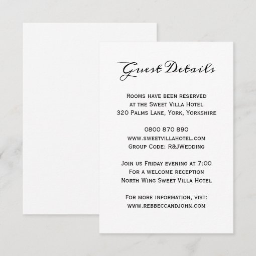 Classic Elegant Wedding Guest Hotel Details Card | Zazzle