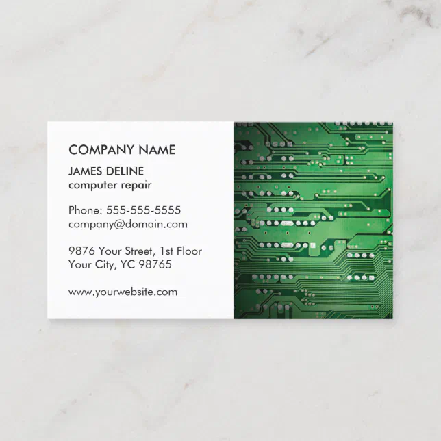 Classic Elegant WhiteGreen Circuit Computer Repair Business Card | Zazzle