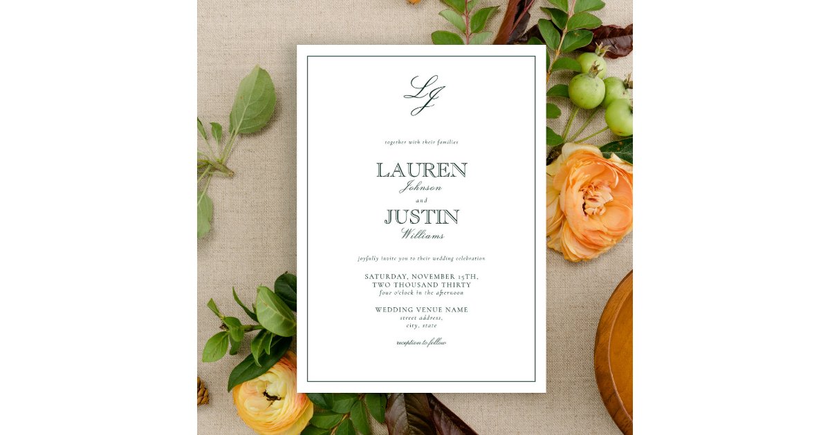 Classic Emerald Green Calligraphy Monogram Wedding Invitation | Zazzle