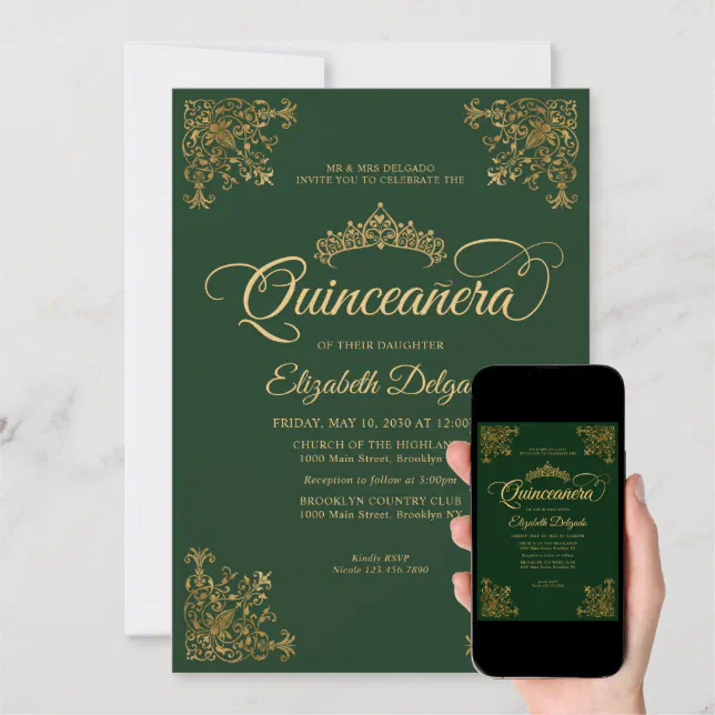 Classic Emerald Green Gold Frame Tiara Quinceanera Invitation | Zazzle