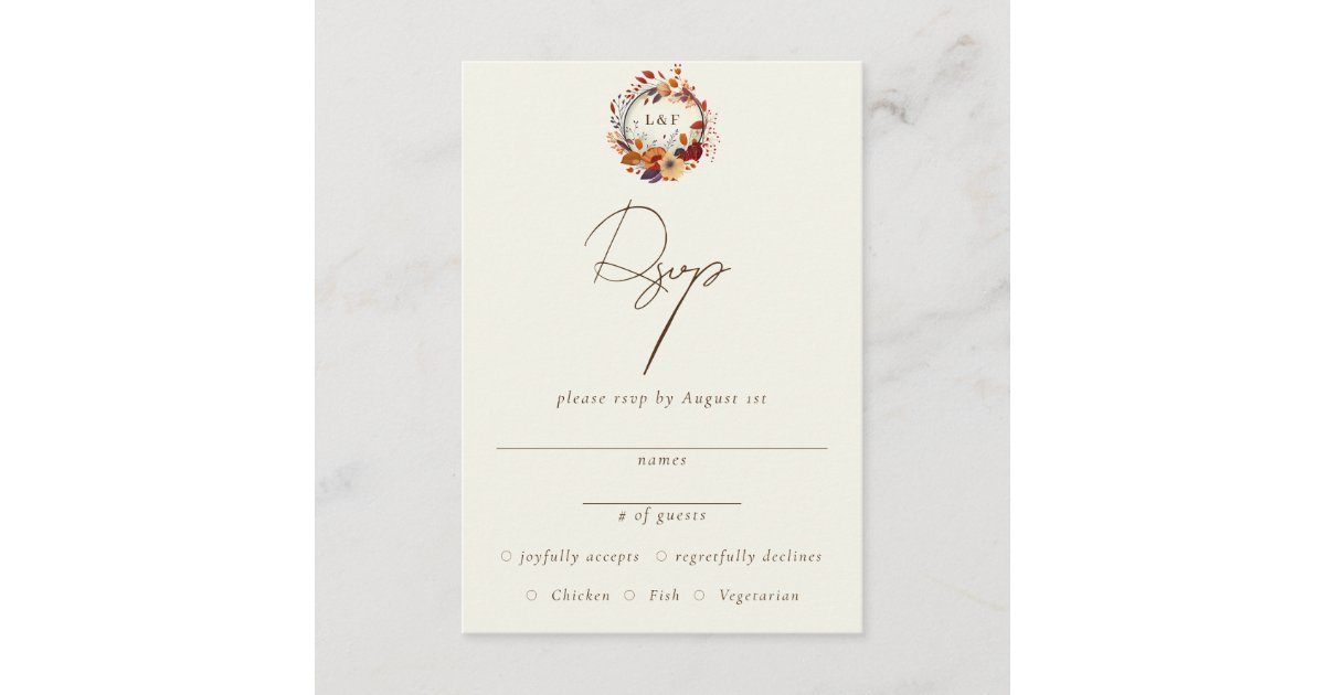 Classic Fall Wildflower Name Initial RSVP Enclosure Card | Zazzle