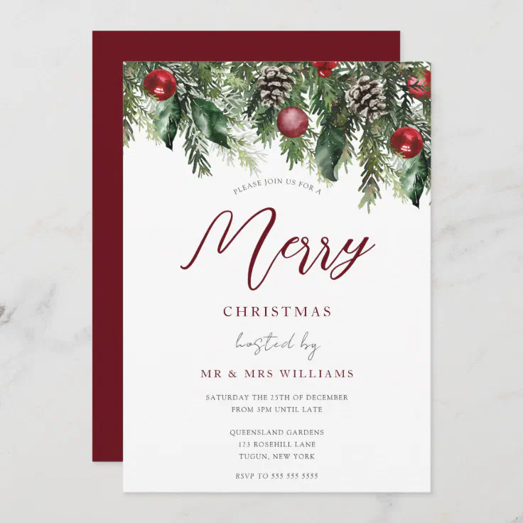 Classic Festive Burgundy Red Christmas Party Invitation | Zazzle