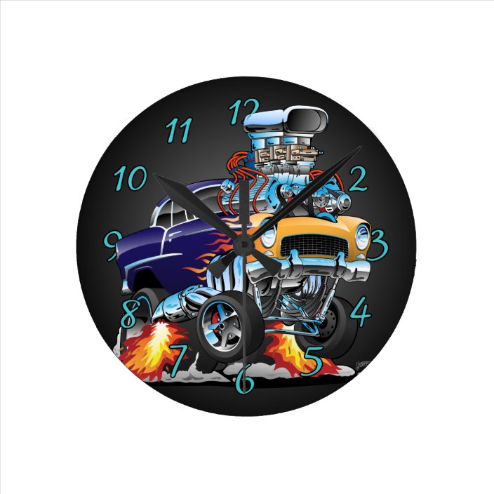 Classic Fifties Hot Rod Muscle Car Cartoon Round Clock | Zazzle.com