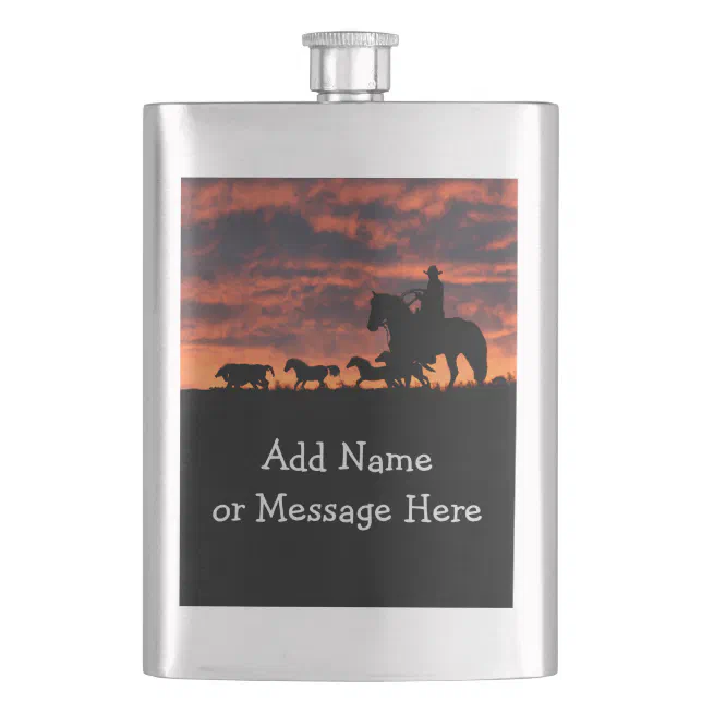 Classic Flask Cowboy and Sunset Customizable | Zazzle