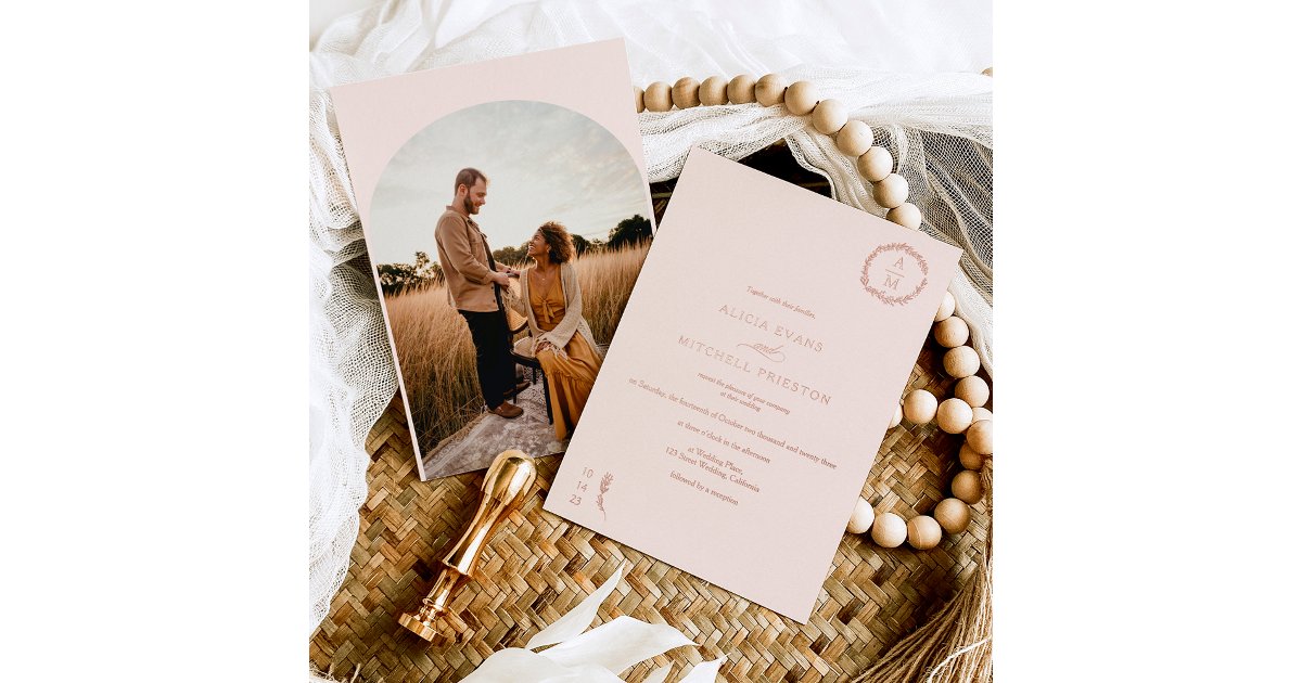 Classic floral pink monogram wedding arch foil invitation | Zazzle