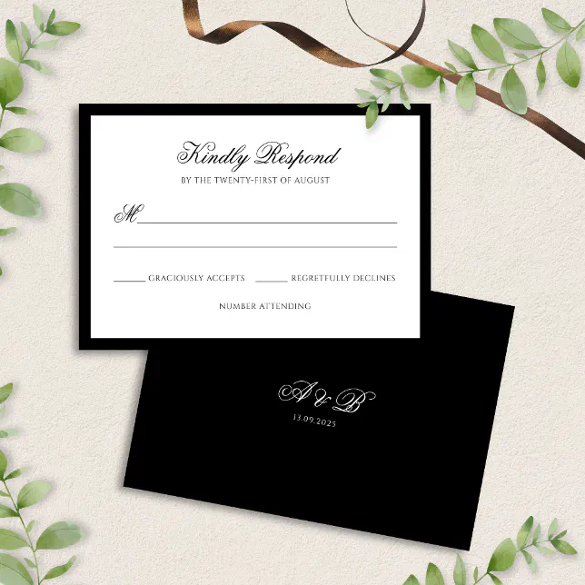 Classic Formal Black & White Border Script Wedding RSVP Card | Zazzle