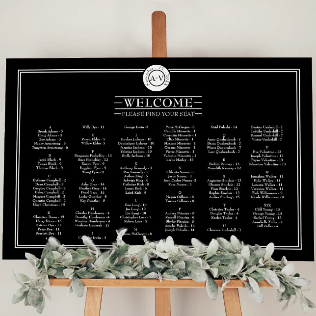 Classic Formal Black White Monogram Seating Chart Foam Board | Zazzle