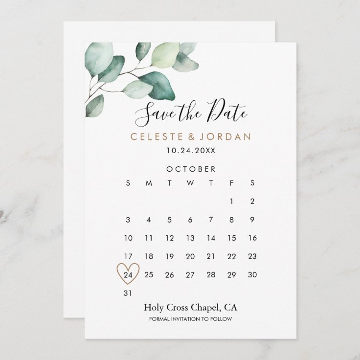 Classic Formal Green Leaves Save the Date Calendar | Zazzle