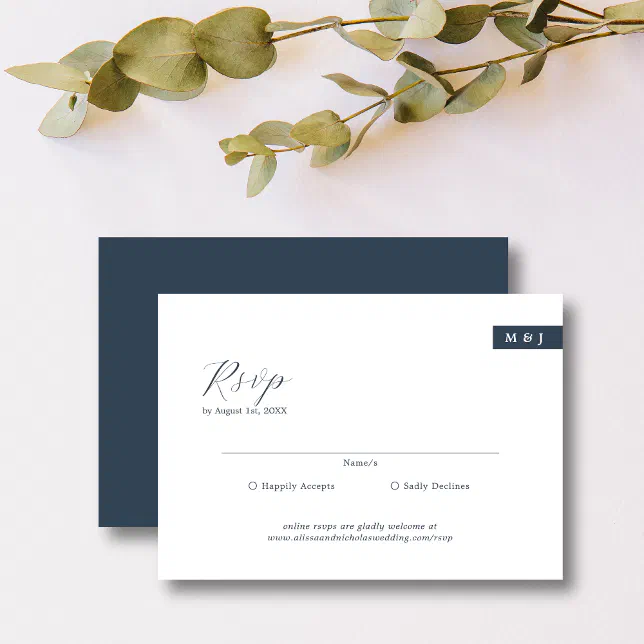 Classic Formal Navy Blue Monogram Script Wedding RSVP Card | Zazzle
