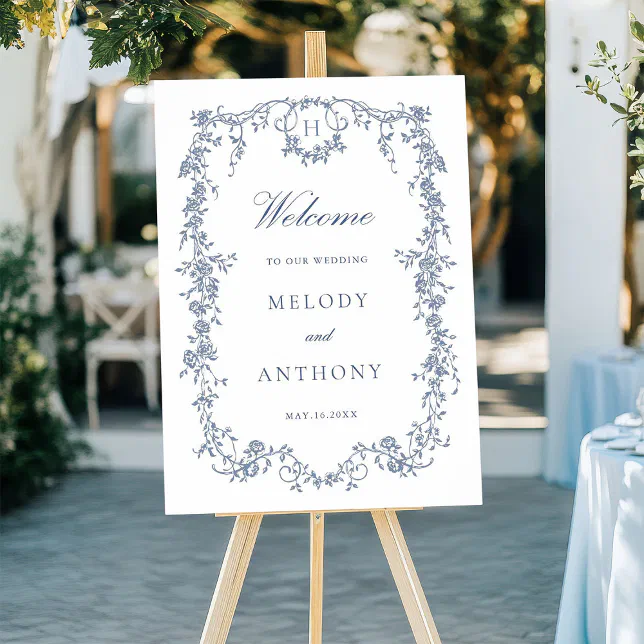Classic French Blue Floral Wedding Welcome Poster | Zazzle