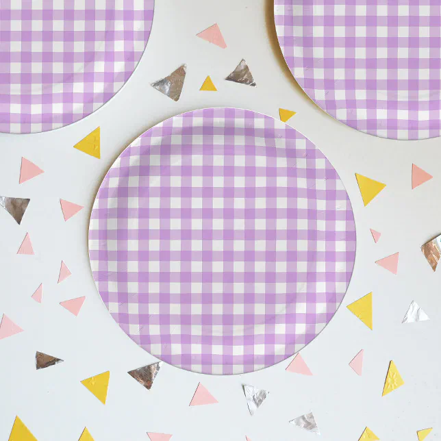 Classic Gingham Check Plaid Pattern Lilac Paper Plates | Zazzle