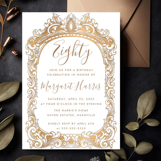 Classic Gold Border White 80th Eighty Birthday Invitation | Zazzle