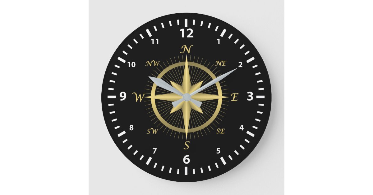 Classic Gold Compass and White Number Clock Face | Zazzle