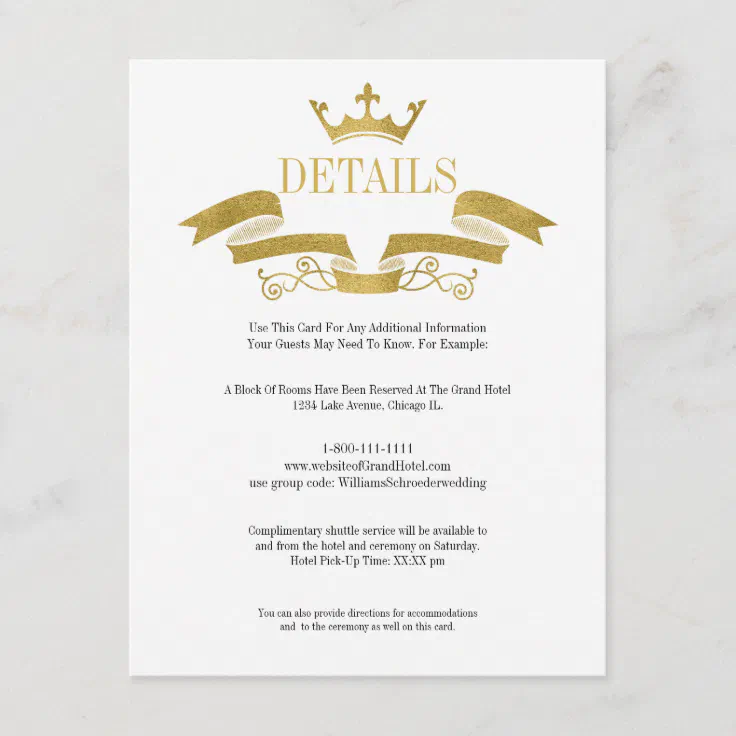 Classic Gold Crest Wedding Details Card | Zazzle