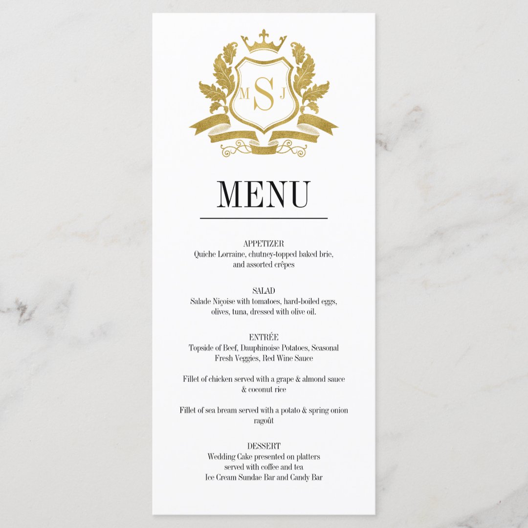 Classic Gold Crest Wedding Menu Card | Zazzle