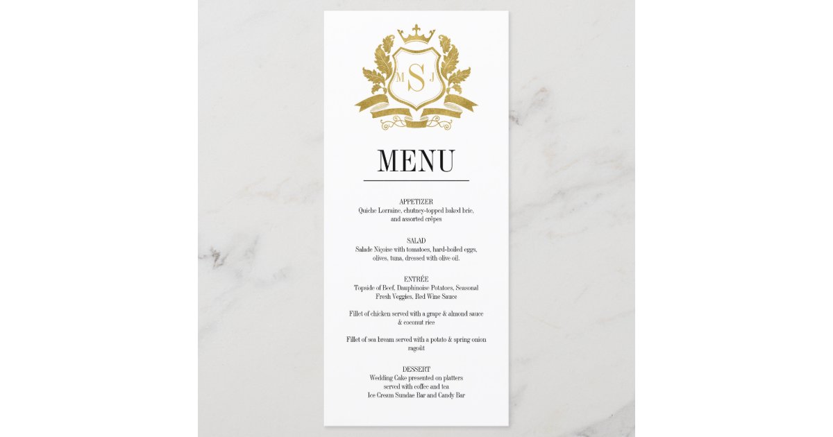 Classic Gold Crest Wedding Menu Card | Zazzle