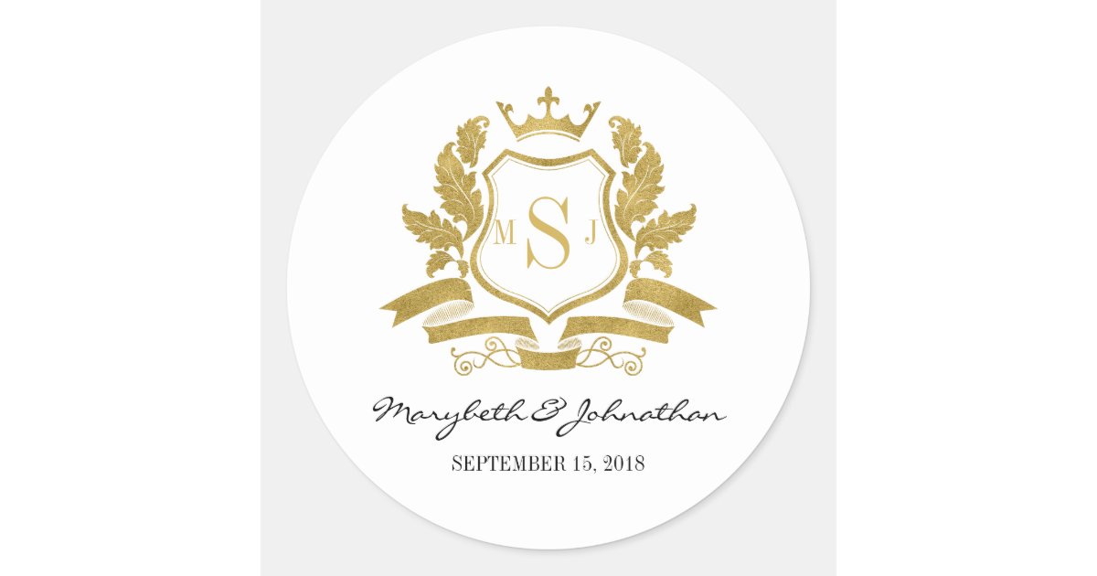 Classic Gold Crest Wedding Sticker | Zazzle