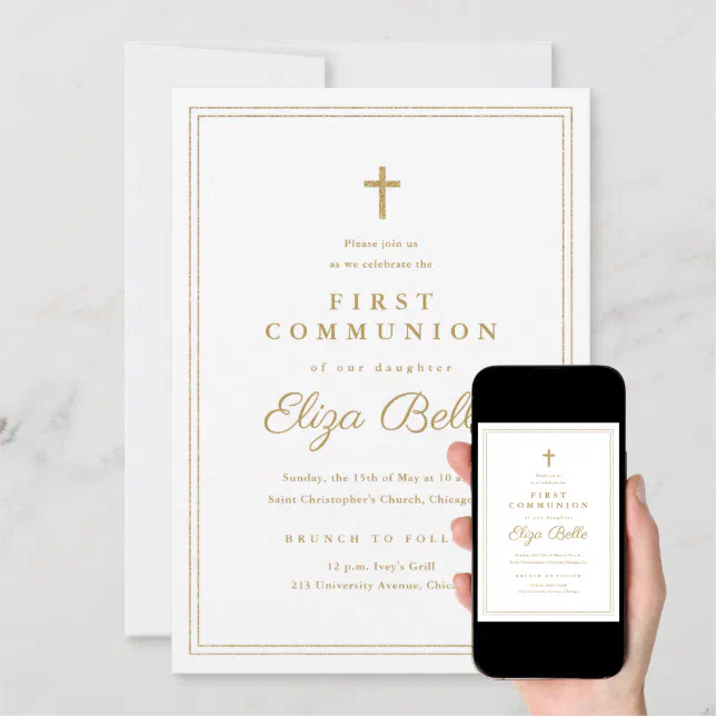 Classic Gold Cross Religious First Holy Communion Invitation | Zazzle