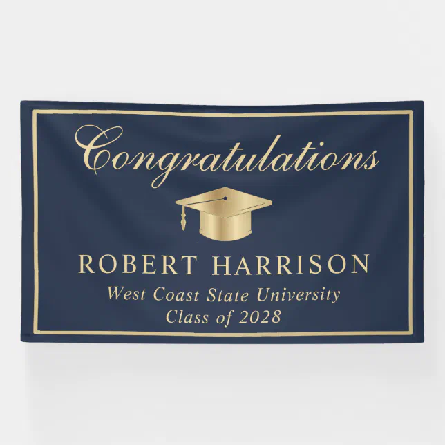 Classic Gold Grad Cap Blue Graduation Welcome Banner | Zazzle