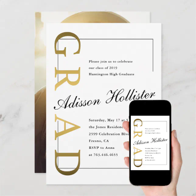 Classic Gold GRAD Photo Graduation Party Invitation | Zazzle