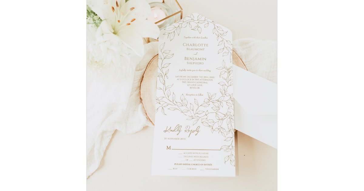 Classic Gold Greenery Wedding Entree Choice All In One Invitation | Zazzle