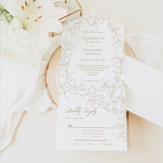 Classic Gold Greenery Wedding Entree Choice All In One Invitation | Zazzle