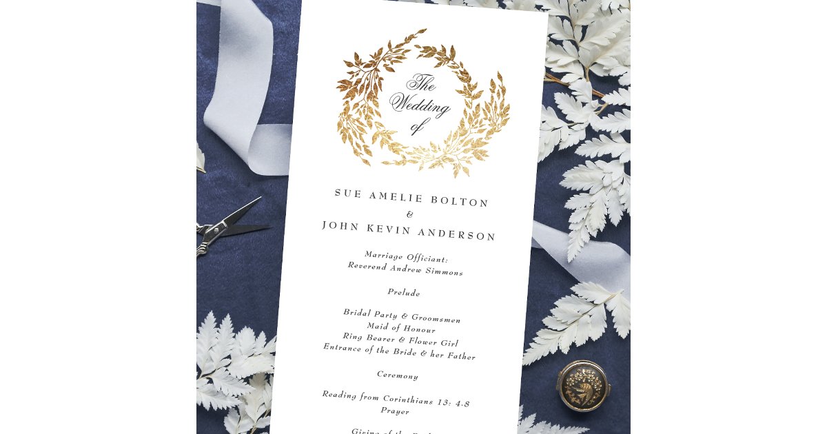 Classic Gold Monogram Botanical Crest Wedding Program | Zazzle