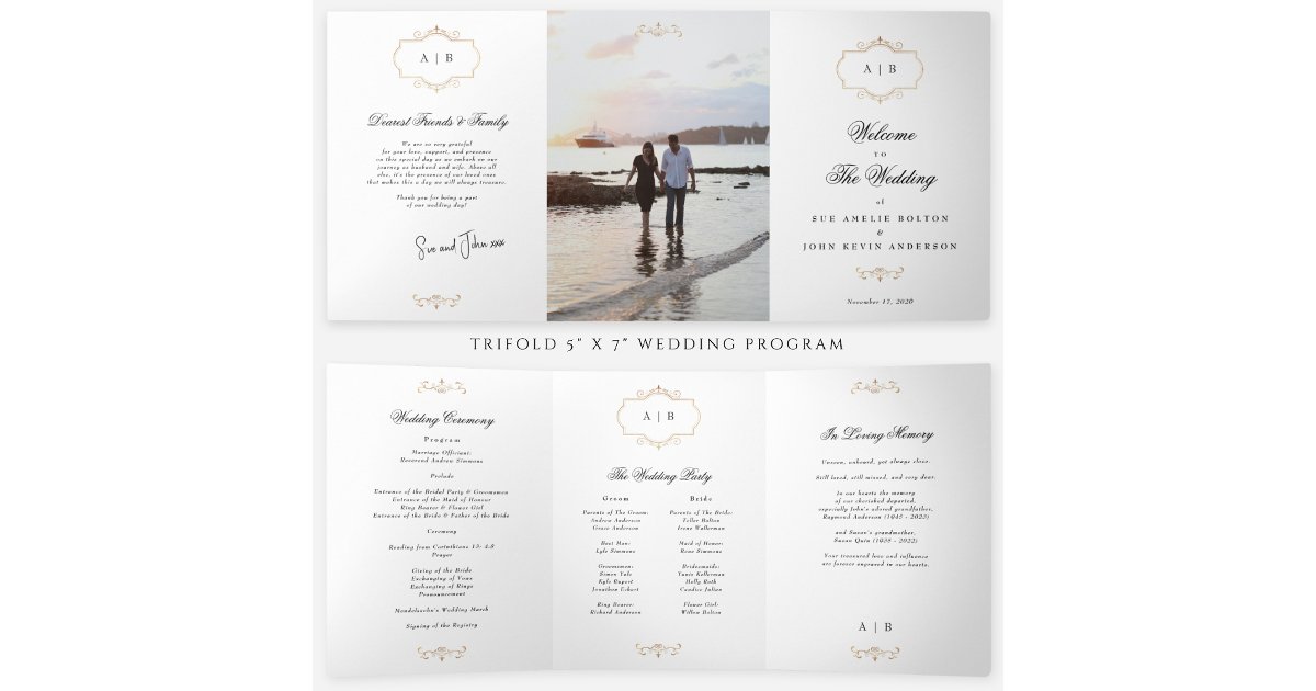 classic gold monogram tri-fold wedding program | Zazzle
