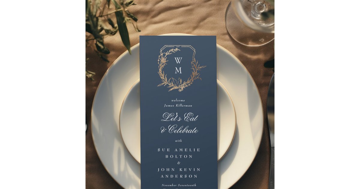 classic gold navy floral motif monogram Wedding Menu | Zazzle