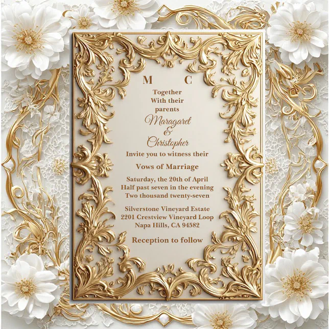 Classic Gold Ornate Floral Motif Modern Typography Invitation | Zazzle