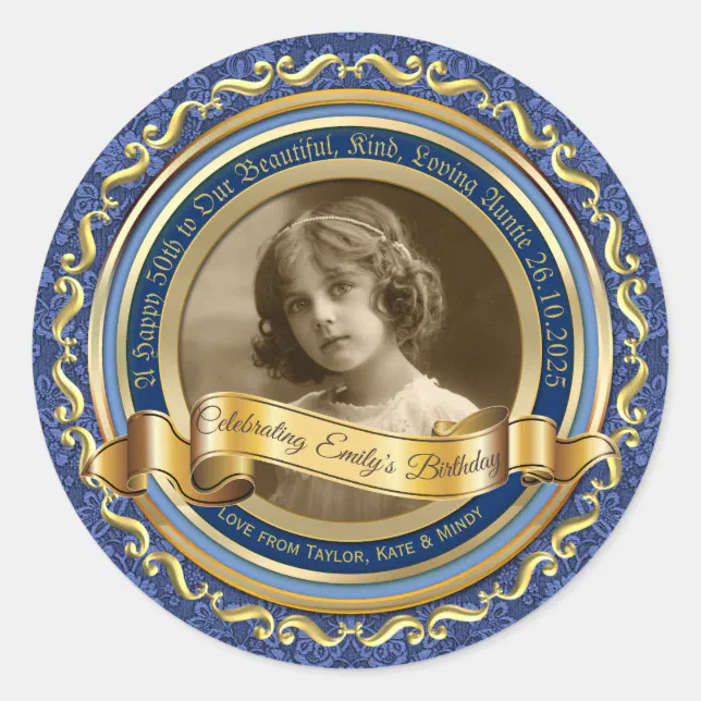 Classic Gold Photo Frame Elegant Banner Dark Blue Classic Round Sticker ...