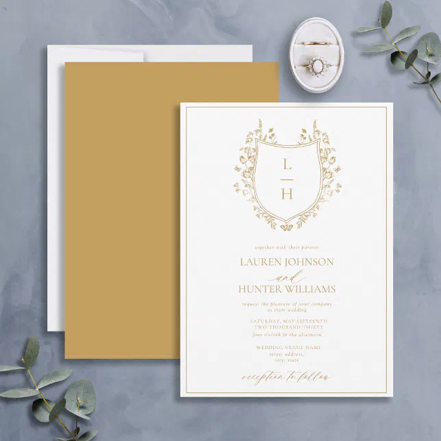 Classic Gold Wildflower Monogram Crest Wedding Invitation | Zazzle