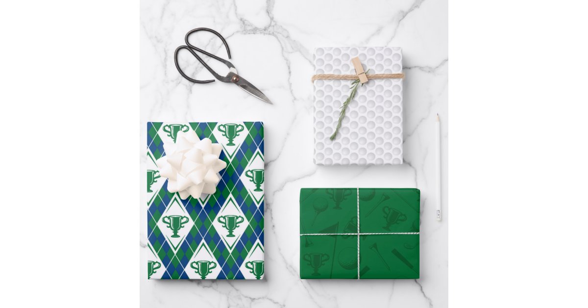 Classic Golfing Trophy Plaid Golf Balls Club Flag Wrapping Paper Sheets ...