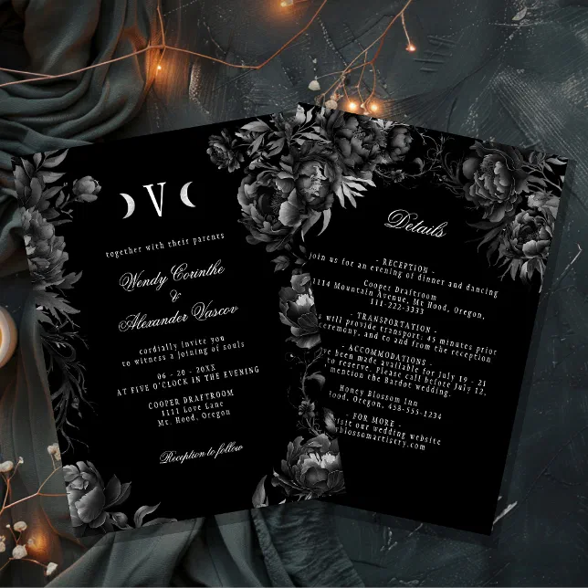 Classic Gothic Black Moon Monogram Wedding Details Invitation | Zazzle