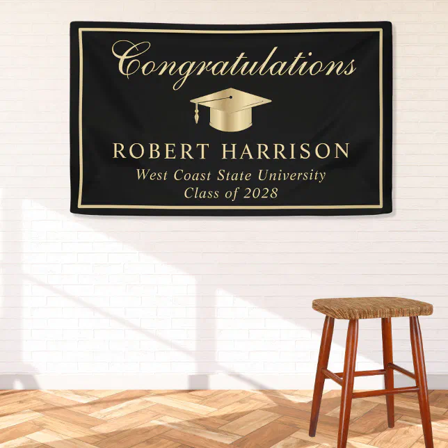 Classic Grad Cap Black Gold Graduation Welcome Banner | Zazzle